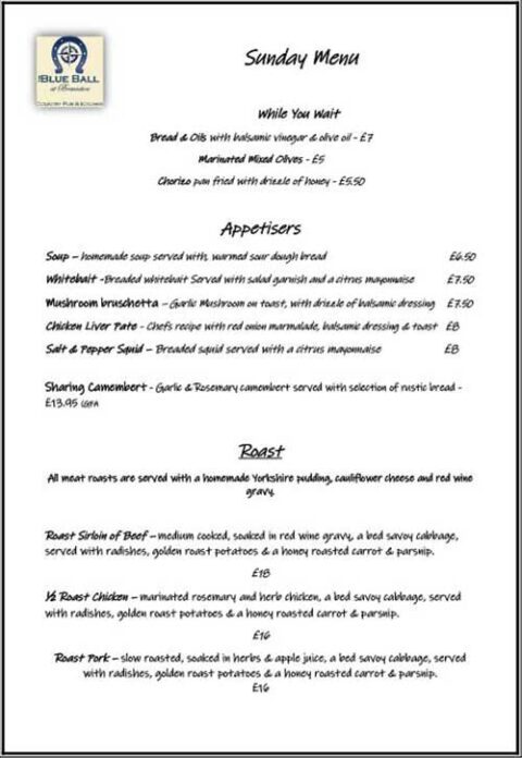 Food Menu | The Blue Ball at Braunston